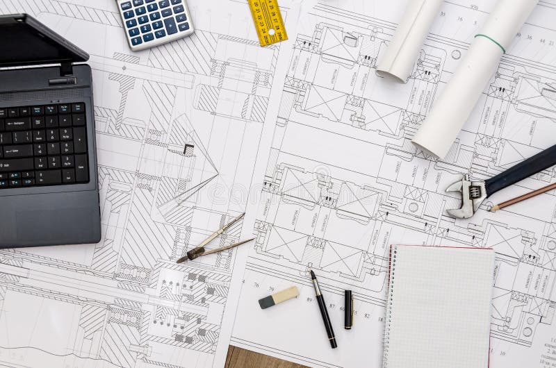 Engineer Tools on Sketch Background Top View Stock Photo - Image of ...