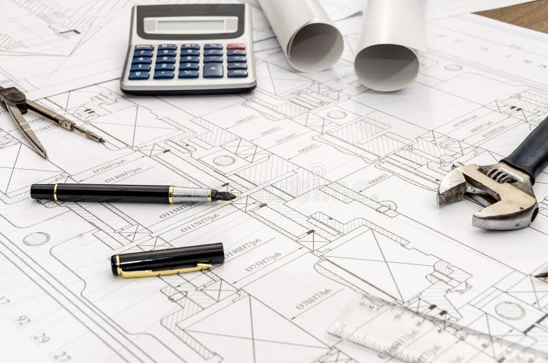 Engineer Tools on Sketch Background Top View Stock Image - Image of ...
