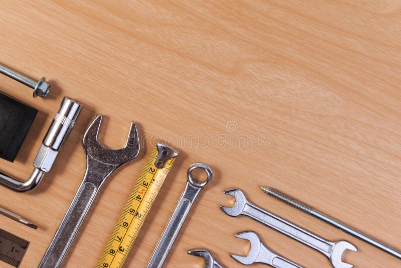 Engineer Tools, Wrench Tools on Wood Table. Stock Image - Image of ...