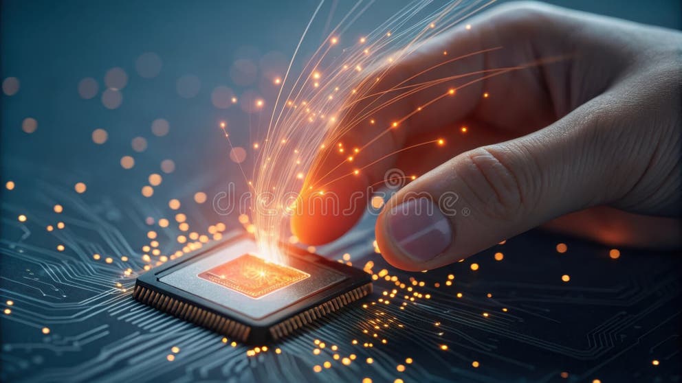Engineer Touching Cpu Generating Orange Fiber Optic Light Beams Stock ...