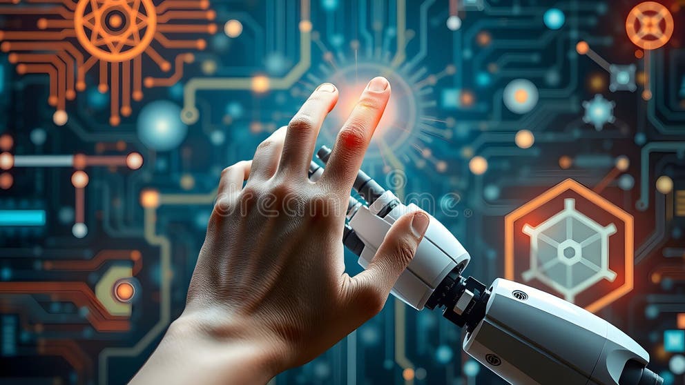 Engineer Touching Futuristic Screen Controlling Robotic Arm, Artificial ...