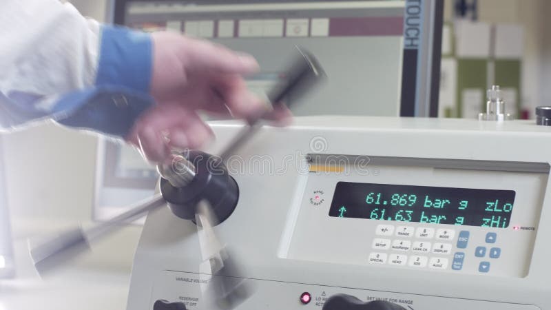 Worker Turns Lever on Control Panel with Screen in Workshop Stock Video ...