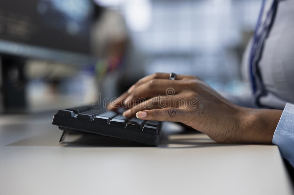 Engineer Typing On Keyboard Optimizing Data Center Close Up Stock Image Image Of