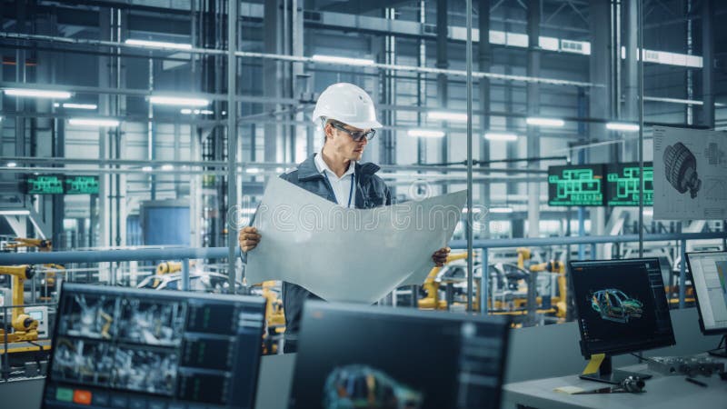 Engineer in Uniform and Hard Hat Looking at a Technical Blueprint at ...
