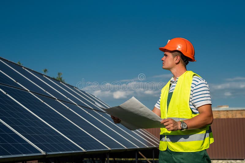 Engineer in Uniform Working of Solar Power Plant Stock Image - Image of ...