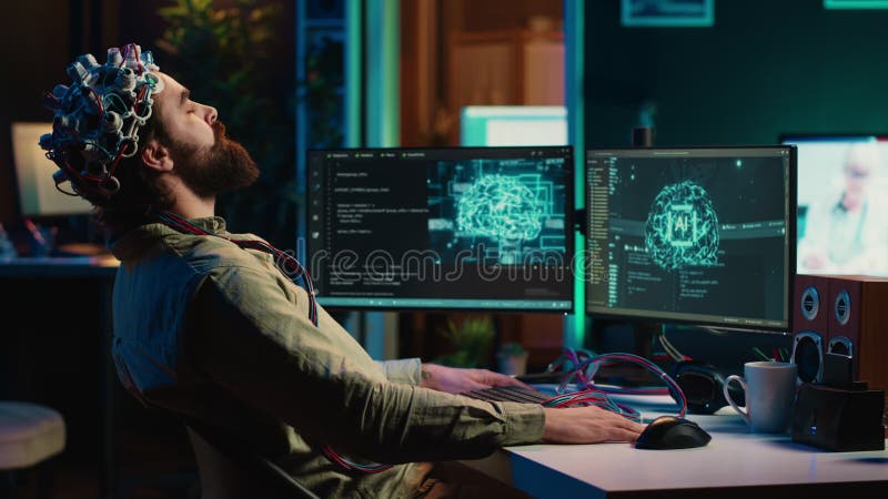 Engineer Uploading Brain into Cyberspace, Entering Trance, Becoming ...