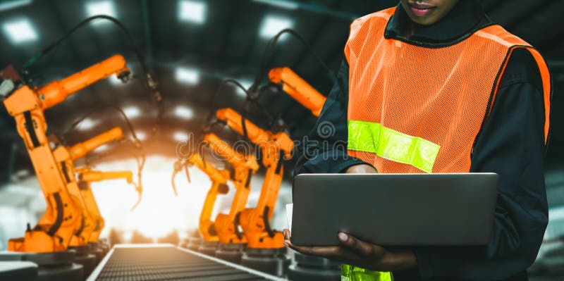 Engineer Use Advanced Robotic Software To Control Industry Robot Arm in ...