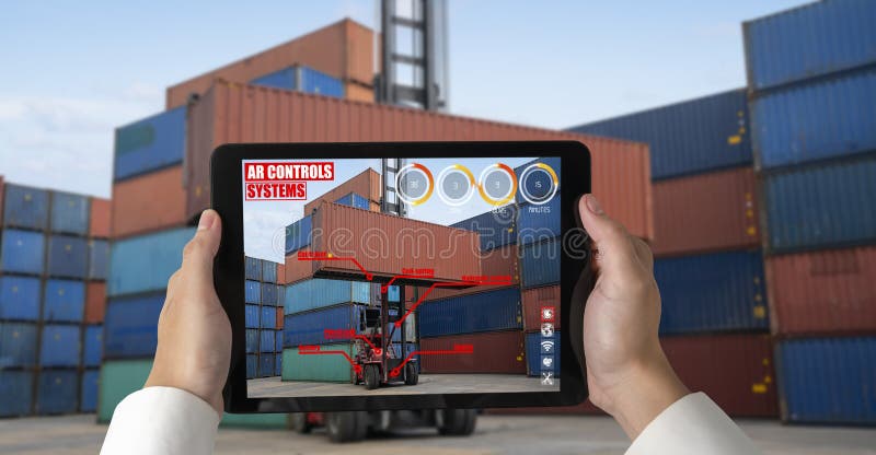 Engineer Use Augmented Reality Software in Cargo Container Yard Stock ... Engineer Use Augmented Reality Software in Cargo Container Yard Stock ...
