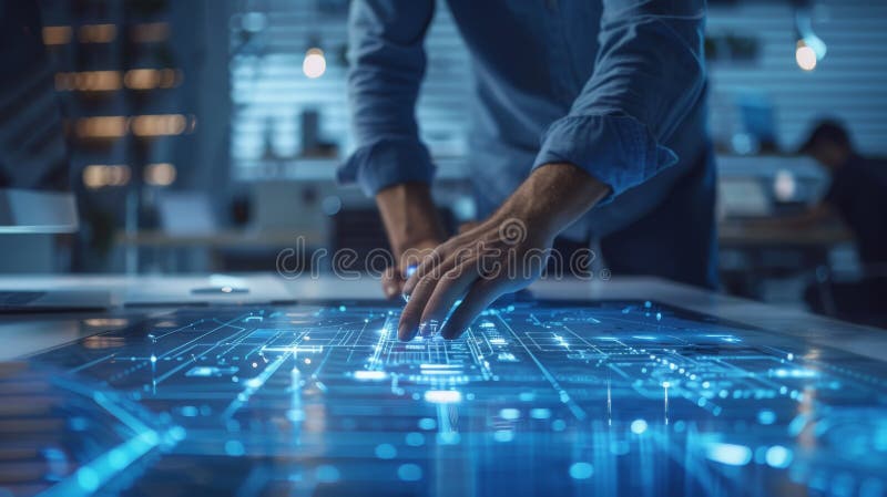 Engineer Using Advanced Holographic Interface in a Modern Office ...