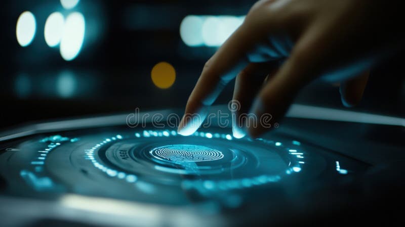 Engineer Using Biometric Fingerprint Scanner on Futuristic Device Stock ...