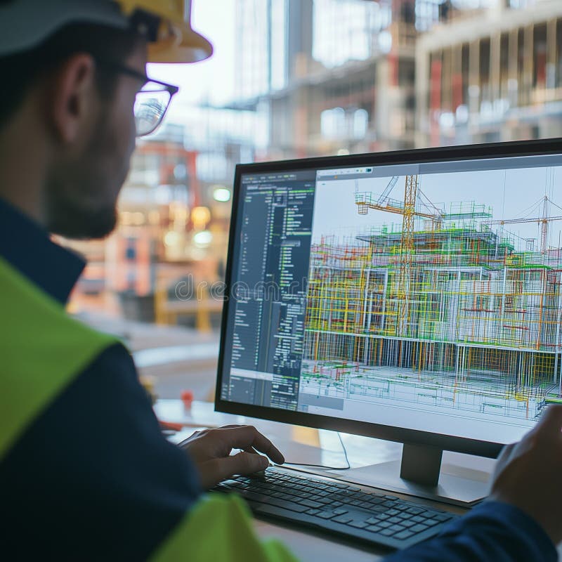 Engineer Using CAD Software on a Computer To Design a Construction ...