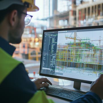 Engineer Using CAD Software on a Computer To Design a Construction ...