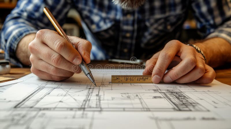 Engineer Using Compass for Architectural Drafting in Office Stock ...