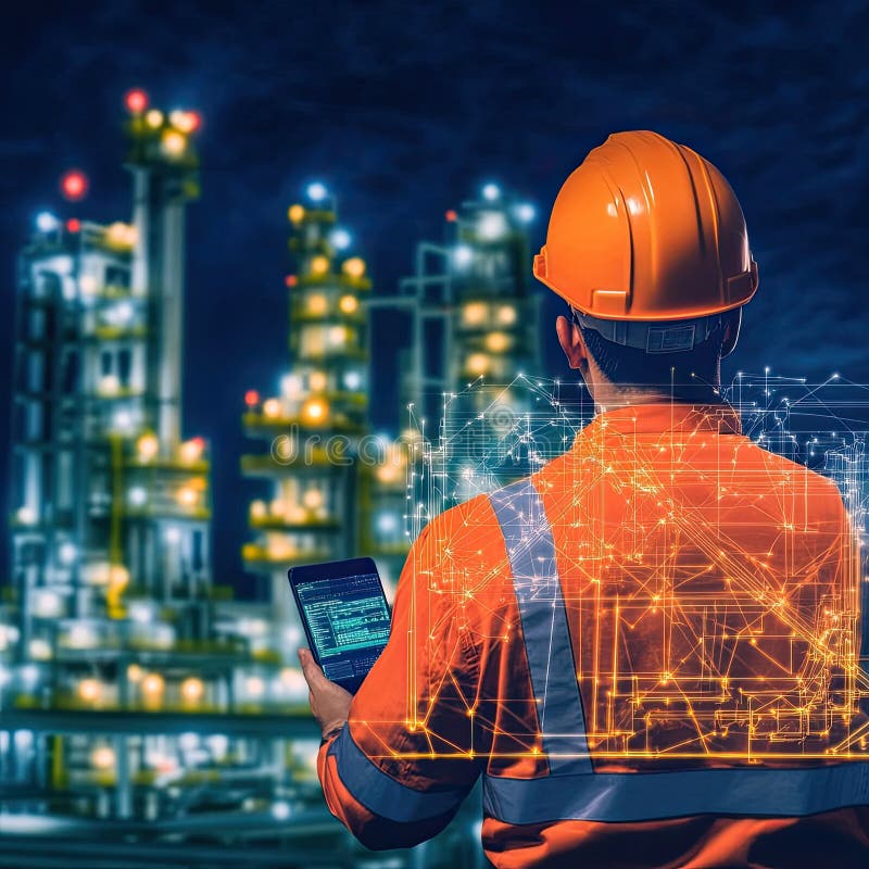 Engineer Using Digital Tablet at Night Refinery. Industrial Technology ...