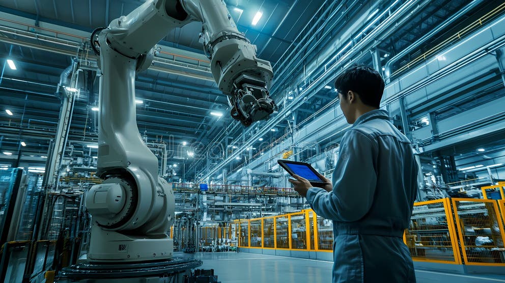 Engineer Controlling Robotic Arm with Digital Tablet in Factory Stock ...