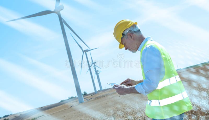 Engineer Using Digital Tablet for Wind Turbine Inspection Light Effect ...