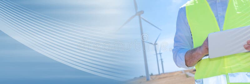 Engineer Using Digital Tablet for Wind Turbine Inspection Panoramic ...