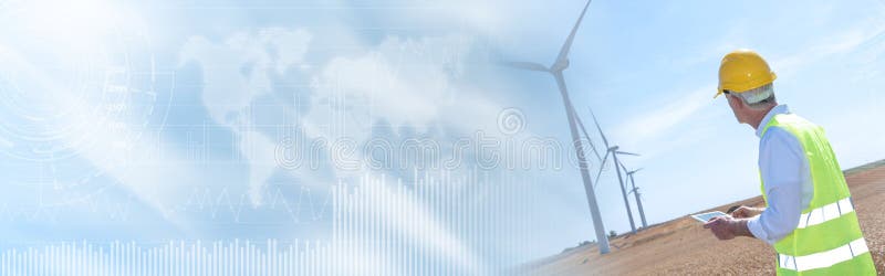Engineer Using Digital Tablet for Wind Turbine Inspection Panoramic ...