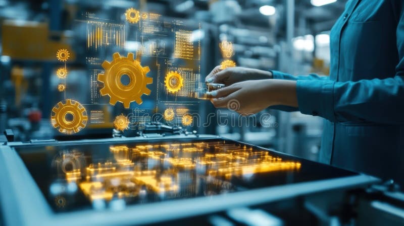 Engineer Using Futuristic Interface in High Tech Manufacturing Plant ...