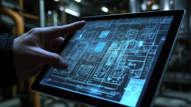 Engineer Using Futuristic Touchscreen Tablet To Control Complex Industrial System Stock Image ...
