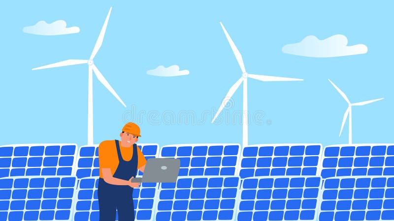 Engineer Using Laptop Alternative Energy Wind Turbine and Solar Panels ...