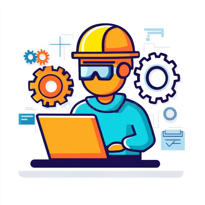 Engineer Using Laptop Gears, Flat Design, Technology, Engineering ...