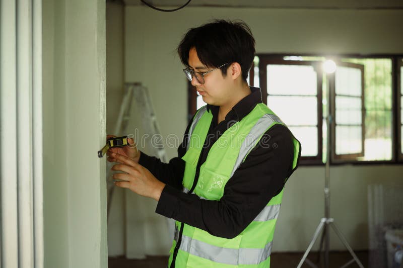 Engineer Using a Measuring Tape To Check Wall Dimensions at ...