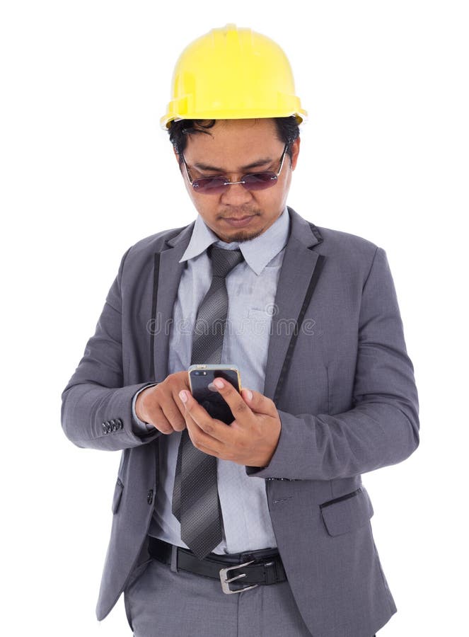 Engineer Using Mobile Phone Isolated on White Background Stock Image ...