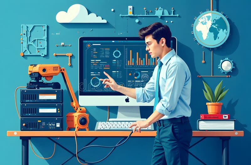 Engineer Using Robotic Arm And Data Dashboard In Modern Tech Workspace