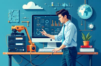 Engineer Using Robotic Arm and Data Dashboard in Modern Tech Workspace ...