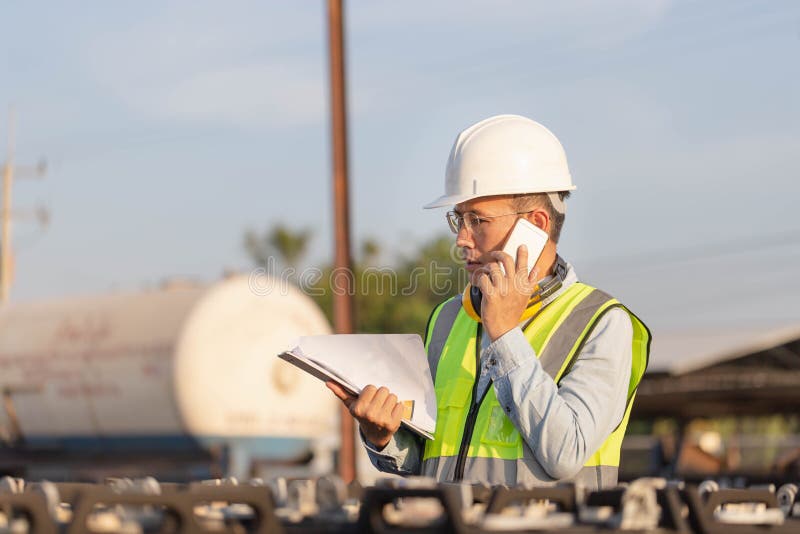 Engineer Using Smartphone with Holding Clipboard Checklist in ...