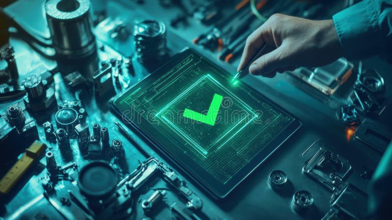 Engineer Using Stylus Pen Drawing Check Mark on Digital Tablet in ...