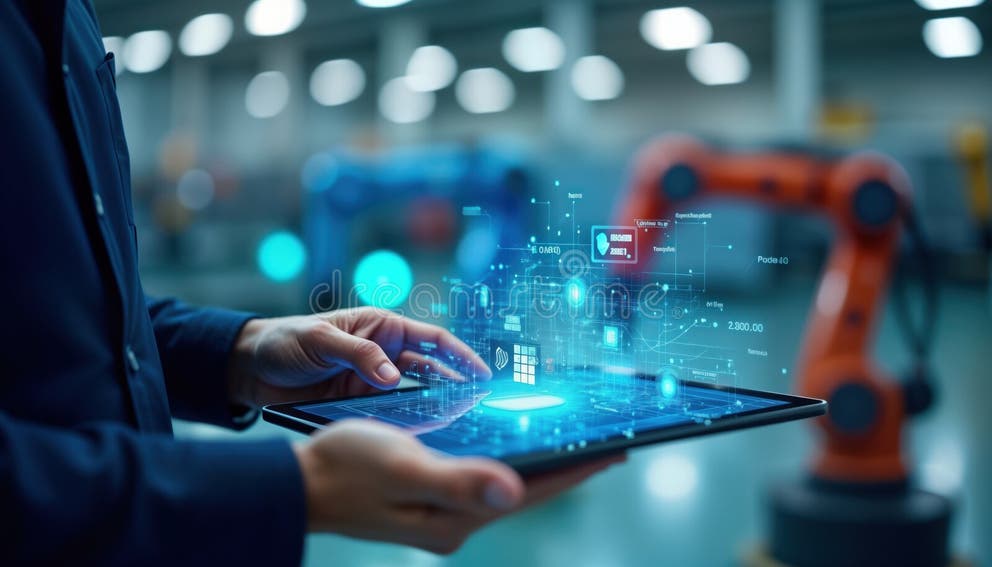 Engineer Using Tablet with Augmented Reality Software Controls Robotic Arm in Smart Factory ...