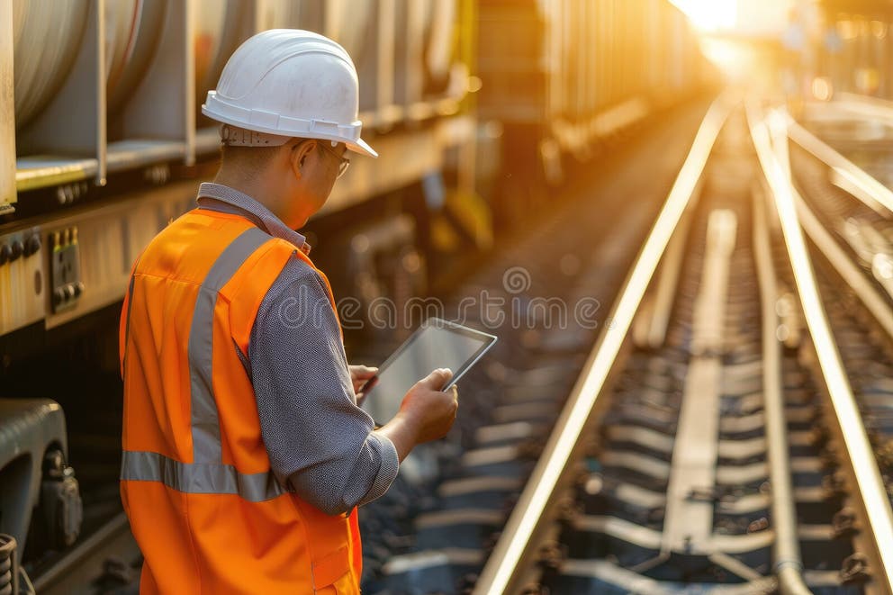 Engineer Using Tablet Checking and Analysis Data Systems Electrics of Track on Railway by AI ...