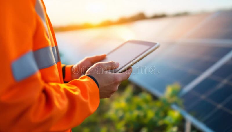 Engineer Using Tablet Computer at Solar Panel Farm on Sunny Day ,AI ...