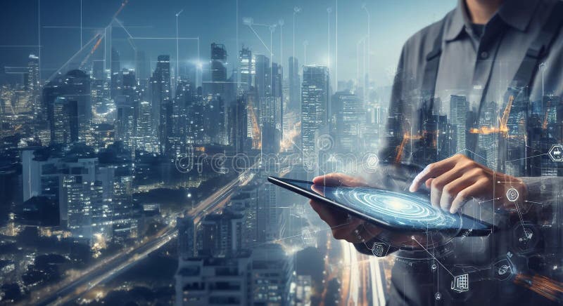 Engineer is Using a Tablet with a Holographic Graphic. Large Modern ...