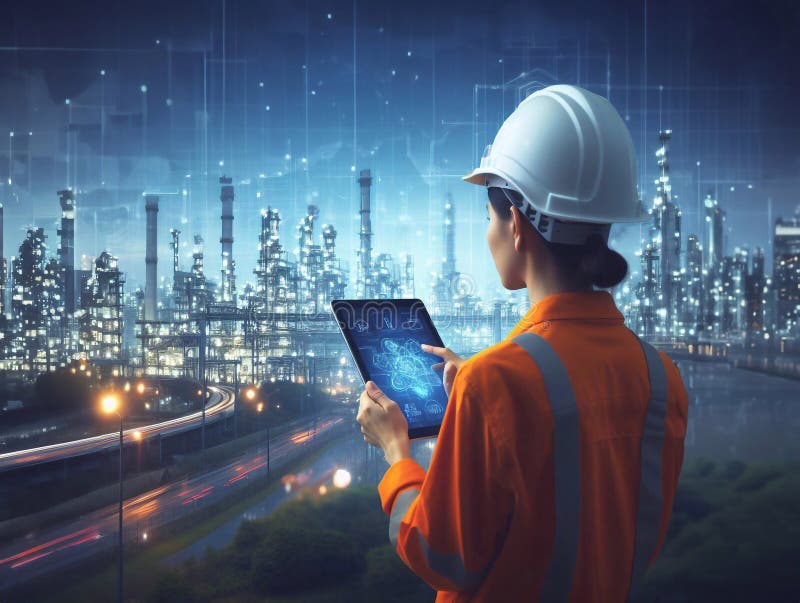 Engineer is Using a Tablet with a Holographic Graphic. Large Modern ...