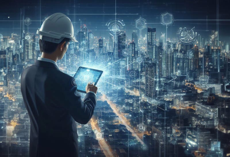 Engineer is Using a Tablet with a Holographic Graphic. Large Modern ...