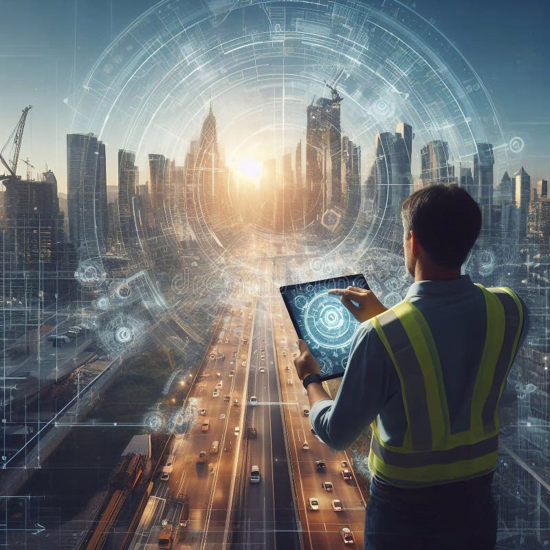 Engineer is Using a Tablet with a Holographic Graphic. Large Modern ...