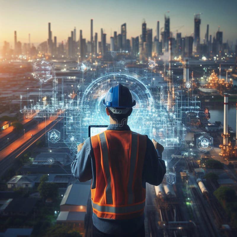 Engineer is Using a Tablet with a Holographic Graphic. Large Modern ...