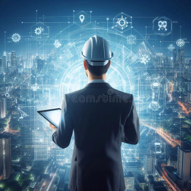 Engineer is Using a Tablet with a Holographic Graphic. Large Modern ...