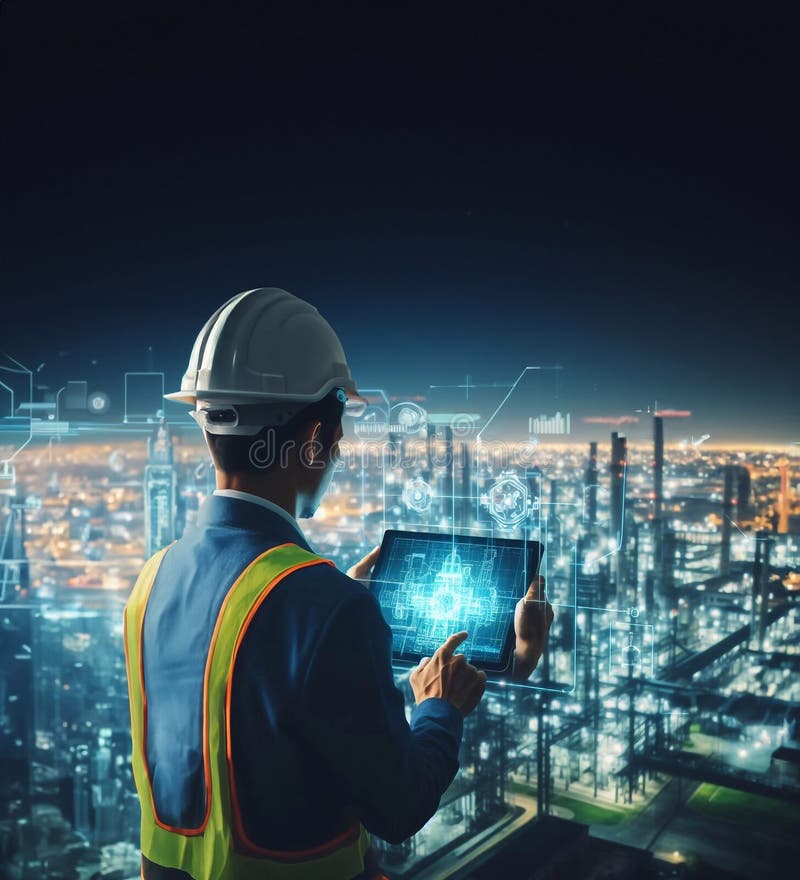 Engineer is Using a Tablet with a Holographic Graphic. Large Modern ...