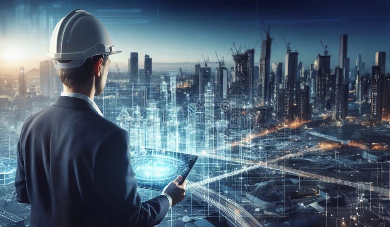 Engineer is Using a Tablet with a Holographic Graphic. Large Modern ...