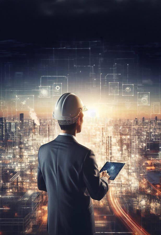 Engineer is Using a Tablet with a Holographic Graphic. Large Modern ...