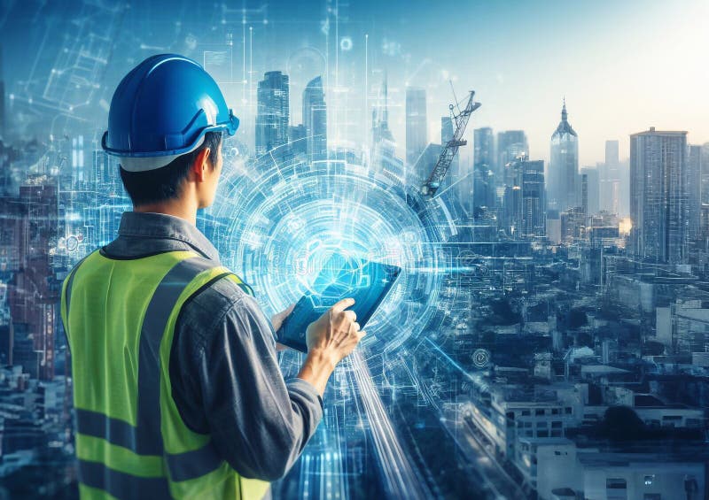 Engineer is Using a Tablet with a Holographic Graphic. Large Modern ...