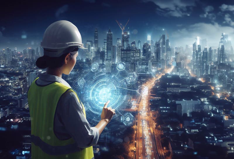 Engineer is Using a Tablet with a Holographic Graphic. Large Modern ...