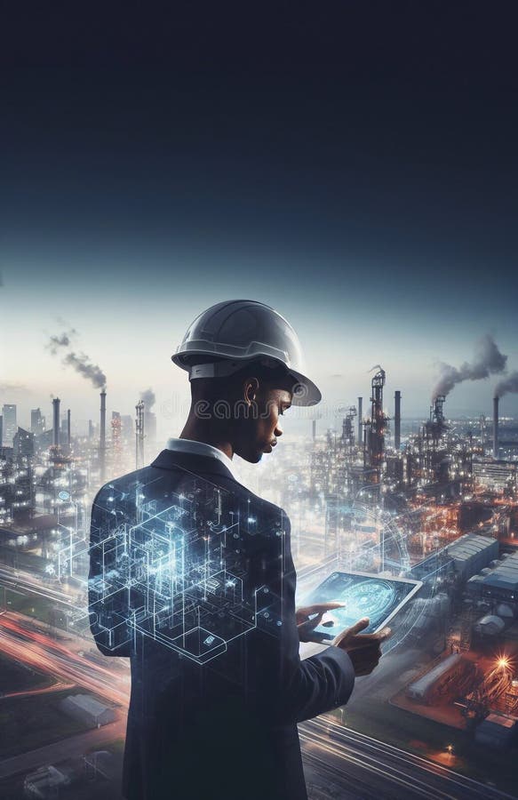 Engineer is Using a Tablet with a Holographic Graphic. Large Modern ...