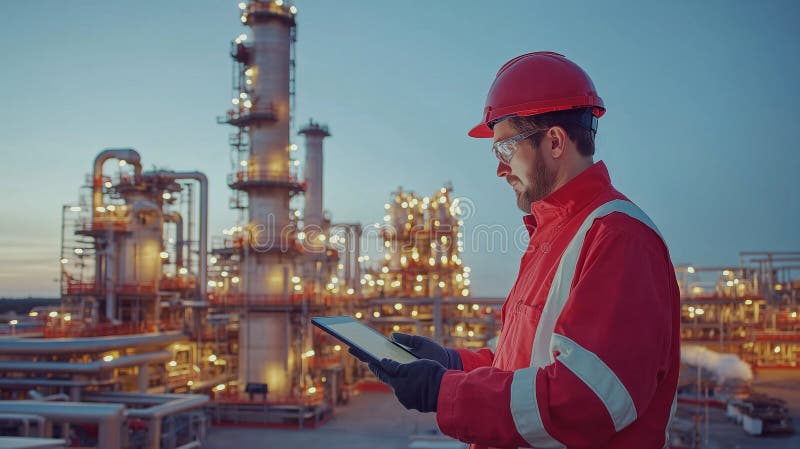 Engineer Using Tablet at Industrial Job Site during Sunset, Inspecting ...