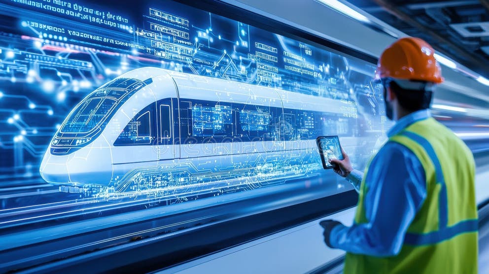Professional Engineer Man Monitoring High Speed Train System on Tablet ...