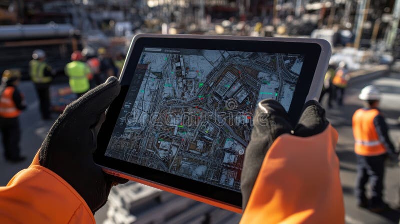 Engineer Using Tablet with Map on Construction Site Stock Photo - Image ...